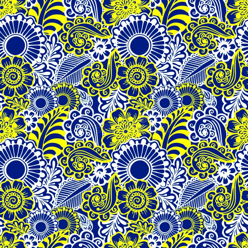 Seamless Floral Graphic Pattern of White and Yellow Elements on a Blue Background Stock ...