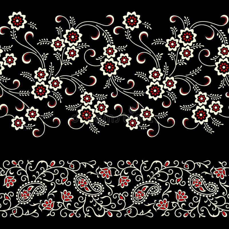 Seamless Floral Paisley Border on Black Color Stock Illustration ...