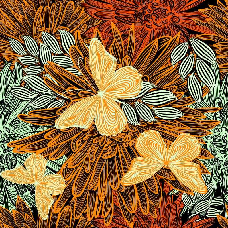 Seamless Floral Pattern. Autumn Flowers and Butterflies. Stock ...