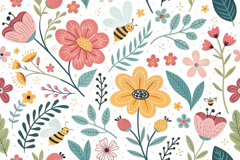 Seamless Floral Pattern with Bees Stock Illustration - Illustration of ...