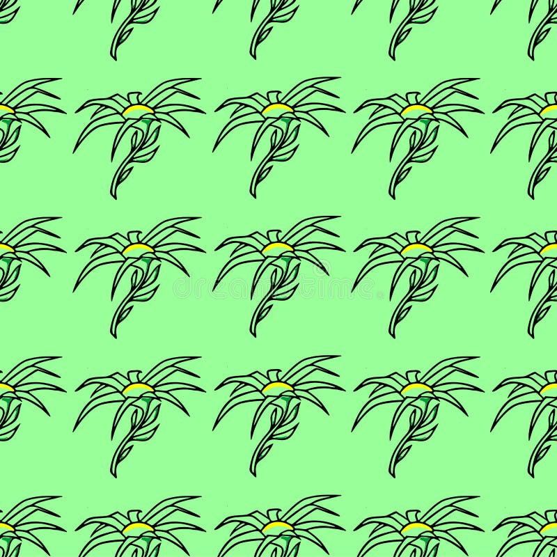 Seamless Floral Pattern of Black Contour Flowers on a Green Background ...