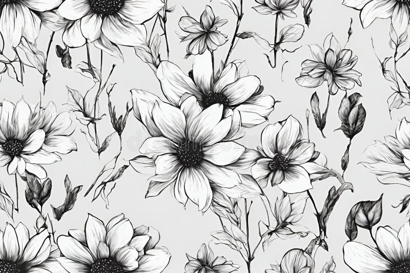 Seamless Floral Pattern of Black and White Hand Drawn Flowers. Light ...