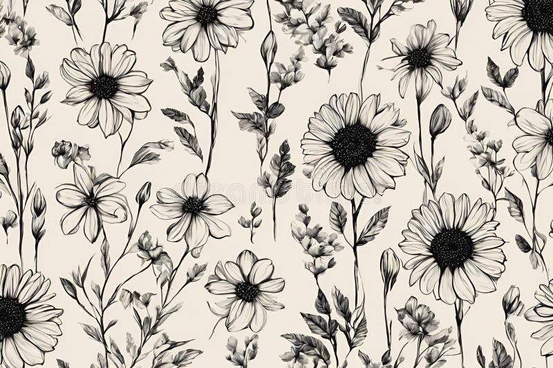 Seamless Floral Pattern of Black and White Hand Drawn Flowers. Light ...