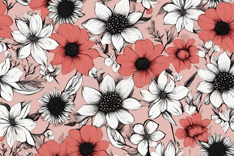 Seamless Floral Pattern of Black and White Hand Drawn Flowers. Light ...