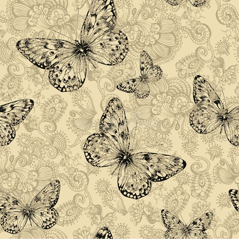 Seamless Floral Pattern with a Bird Flying Butterf Stock Vector ...