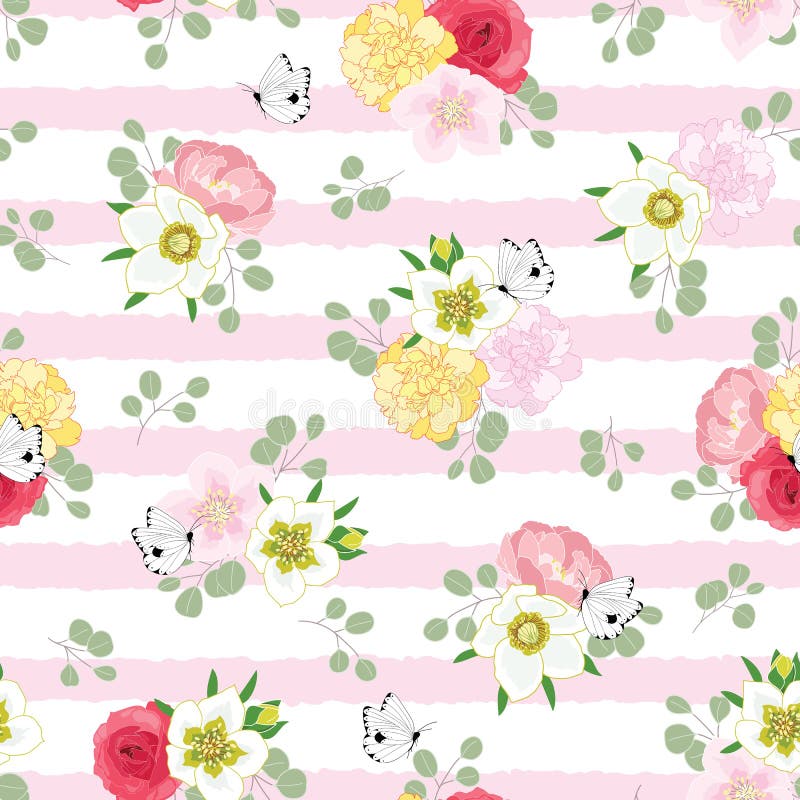 Seamless Floral Pattern with Butterflies on Pink Stripes Stock Vector ...