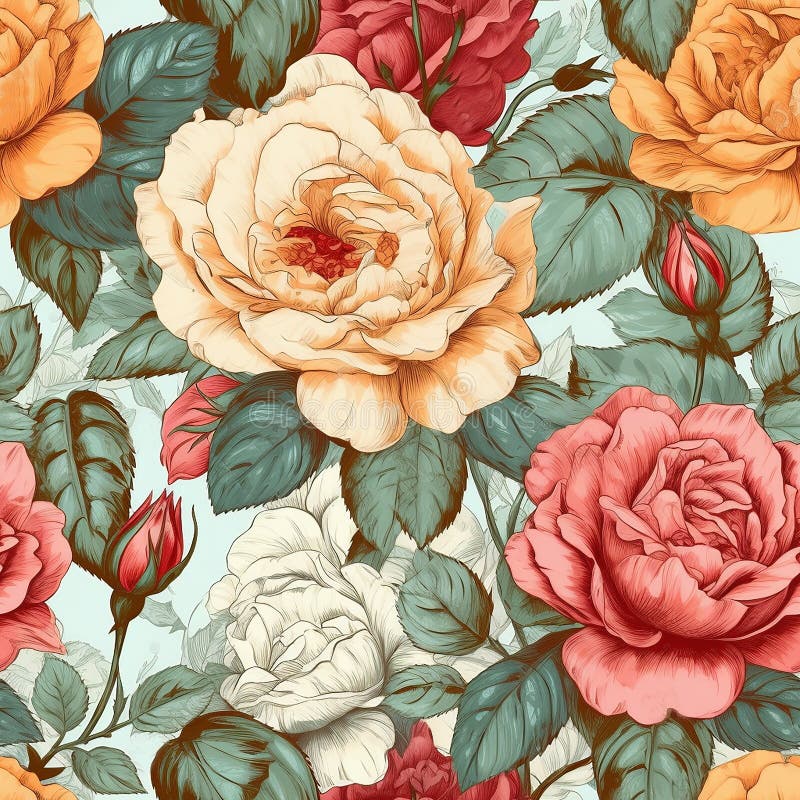 Seamless Floral Pattern of Cabbage Roses. Stock Illustration ...