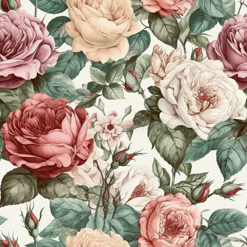 Seamless Floral Pattern of Cabbage Roses. Stock Illustration ...