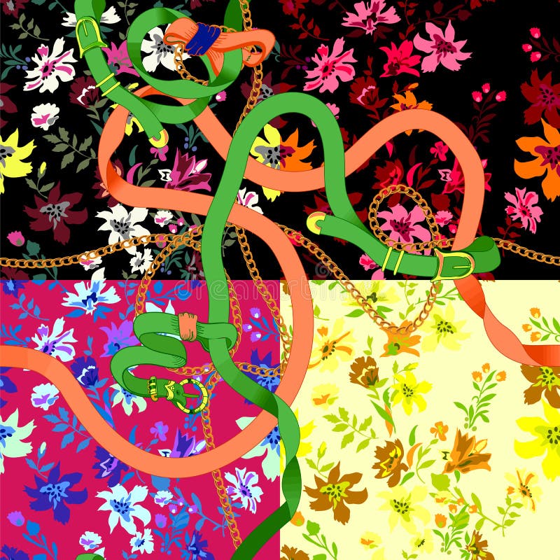 Seamless Floral Pattern with Chains and Belts. Vector Patch Whith ...