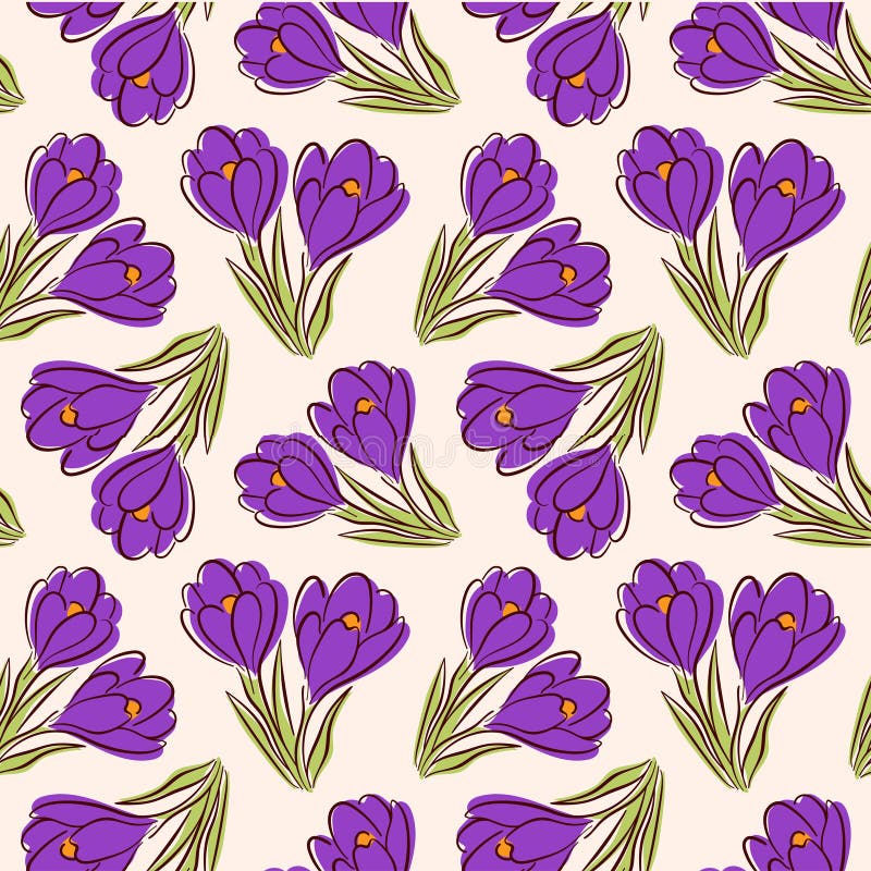 Seamless Floral Pattern with Crocus or Saffron Flower in Flat Style ...
