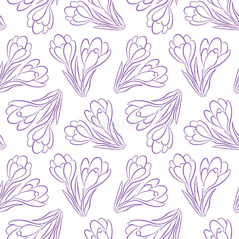 Seamless Floral Pattern with Crocus or Saffron Flower in Line Art Style ...