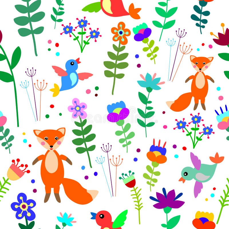 Seamless Floral Pattern with Cute Fox, Flowers and Birds Stock Vector ...