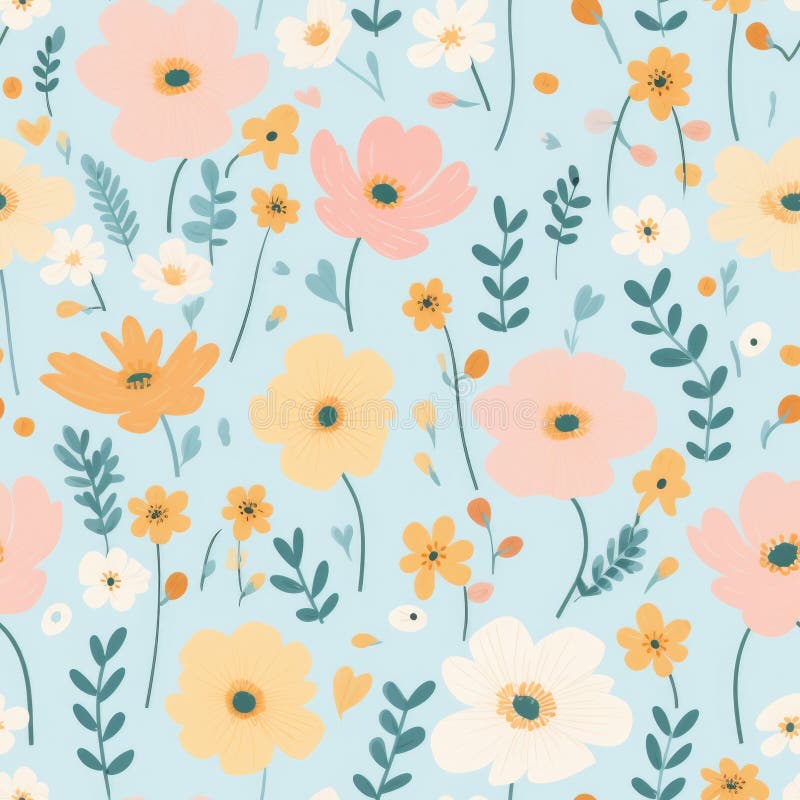 Seamless Floral Pattern of Cute Pastel Flowers Stock Illustration ...