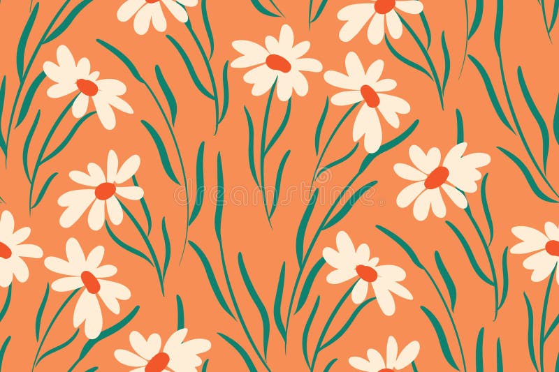 Seamless Floral Pattern with Daisy Flowers on an Orange Background ...