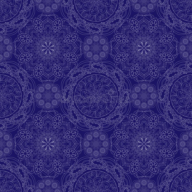 Damask Style Pattern, White Mandalas, Blue Background. Stock Vector ...