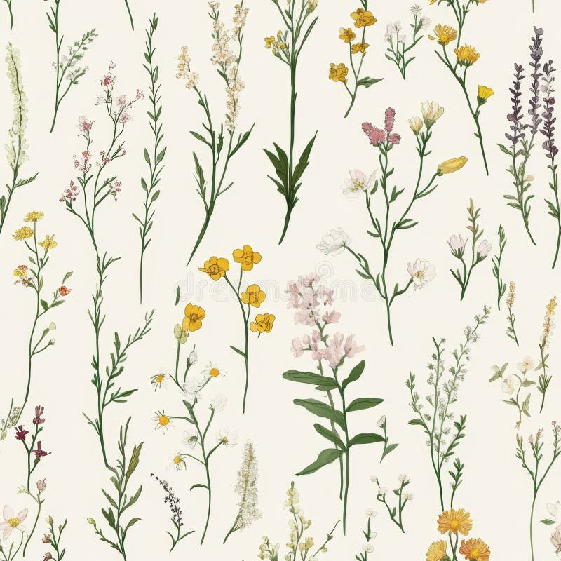 Seamless Floral Pattern with Diverse Wildflowers and Foliage Stock ...