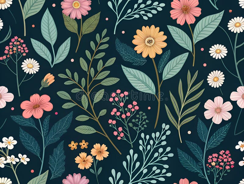 Seamless Ditsy Floral Pattern Wild Garden Leaves Dark Background Stock ...