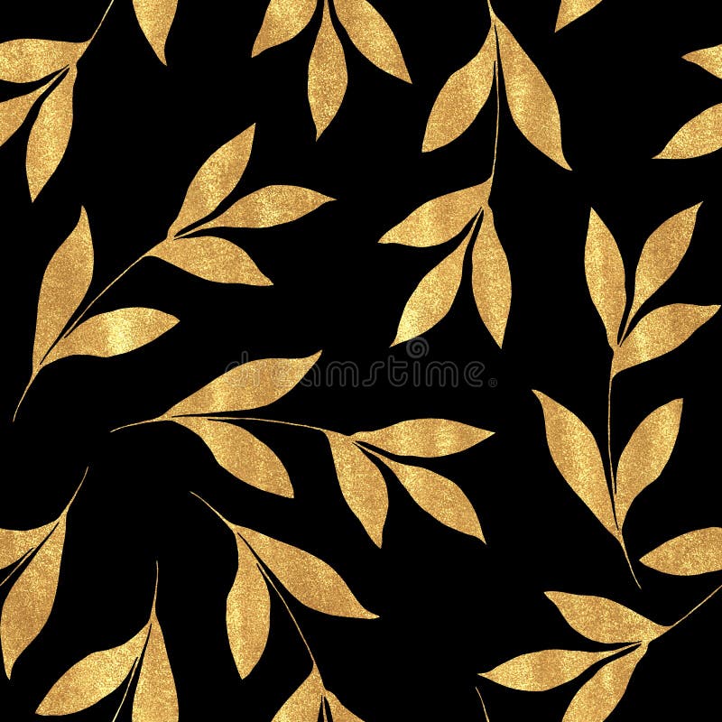 Seamless Floral Pattern with Gold Leaves on Black Stock Illustration ...