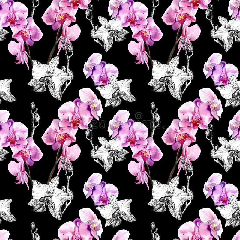 Seamless Floral Pattern With Hand Drawn Orchids On Black Background