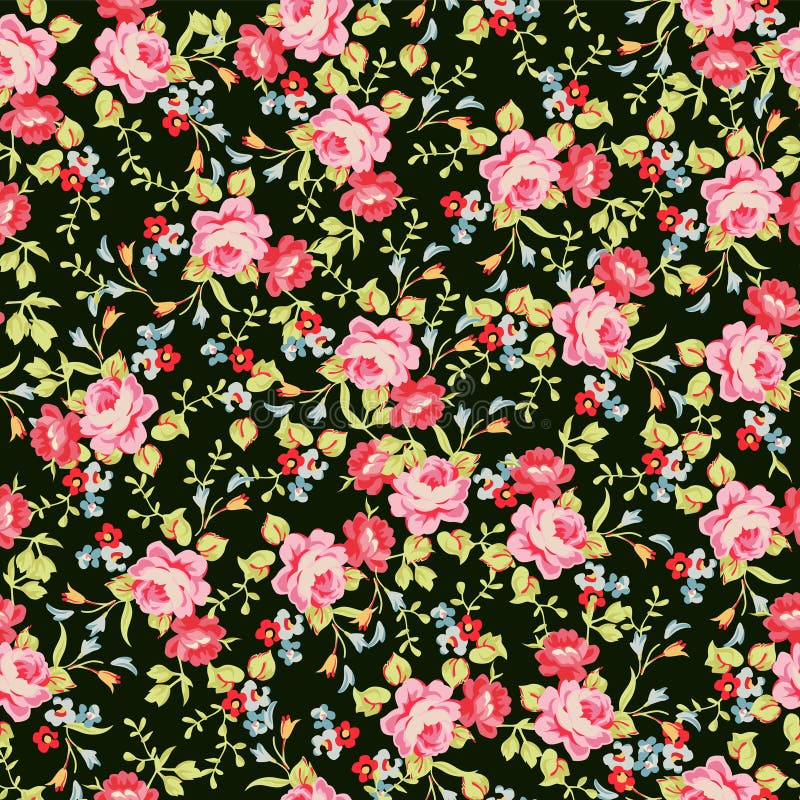 Seamless Floral Pattern with Pink Roses on Black Background Stock ...