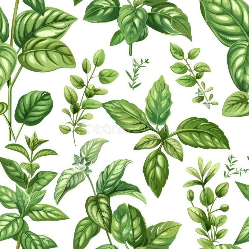 Seamless Floral Pattern Lush Sage, Basil, Mint, and Greenery on a ...