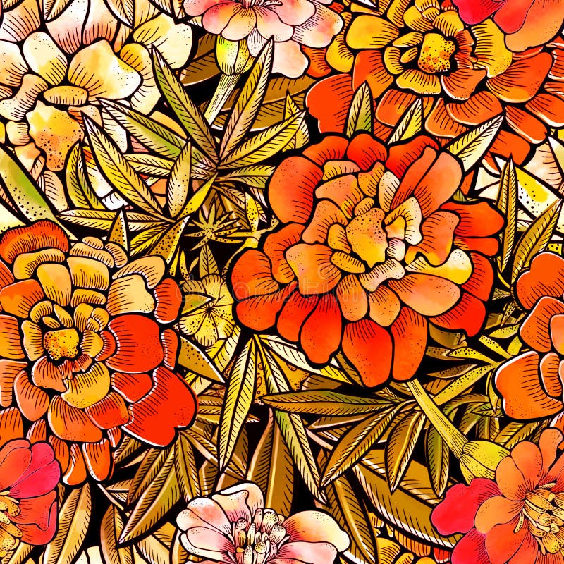 Bright Decorative Floral Pattern of Marigolds. Graphics, Watercolor ...