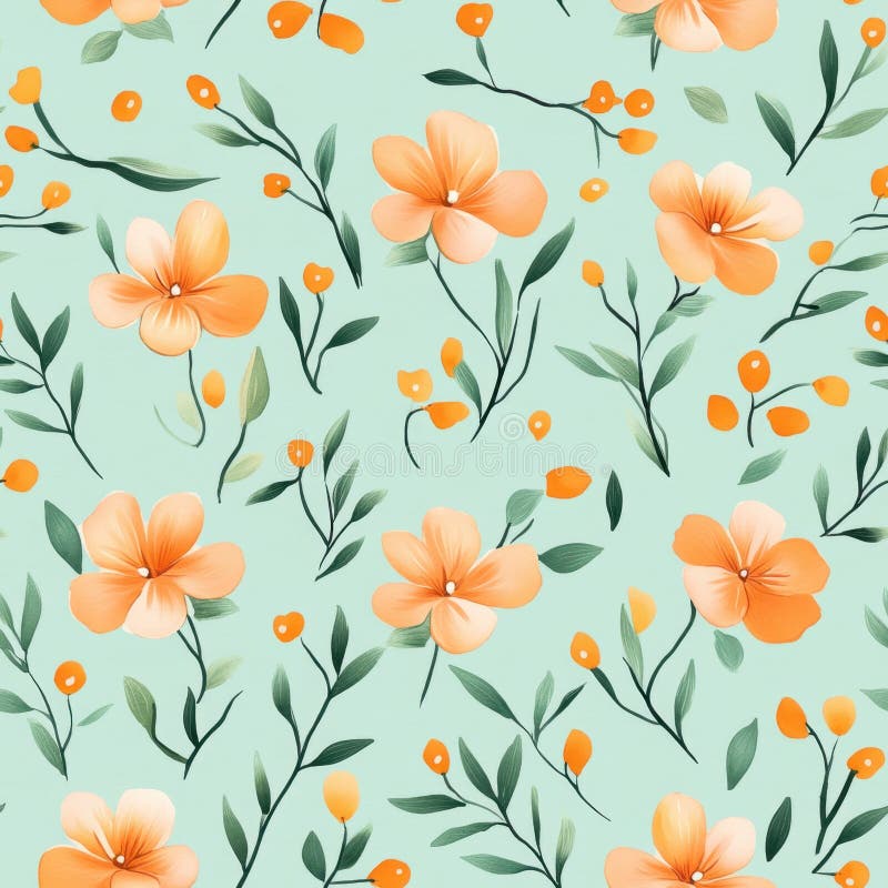 Seamless Floral Pattern with Orange Blossoms on Mint Green Background. Stock Image - Image of ...