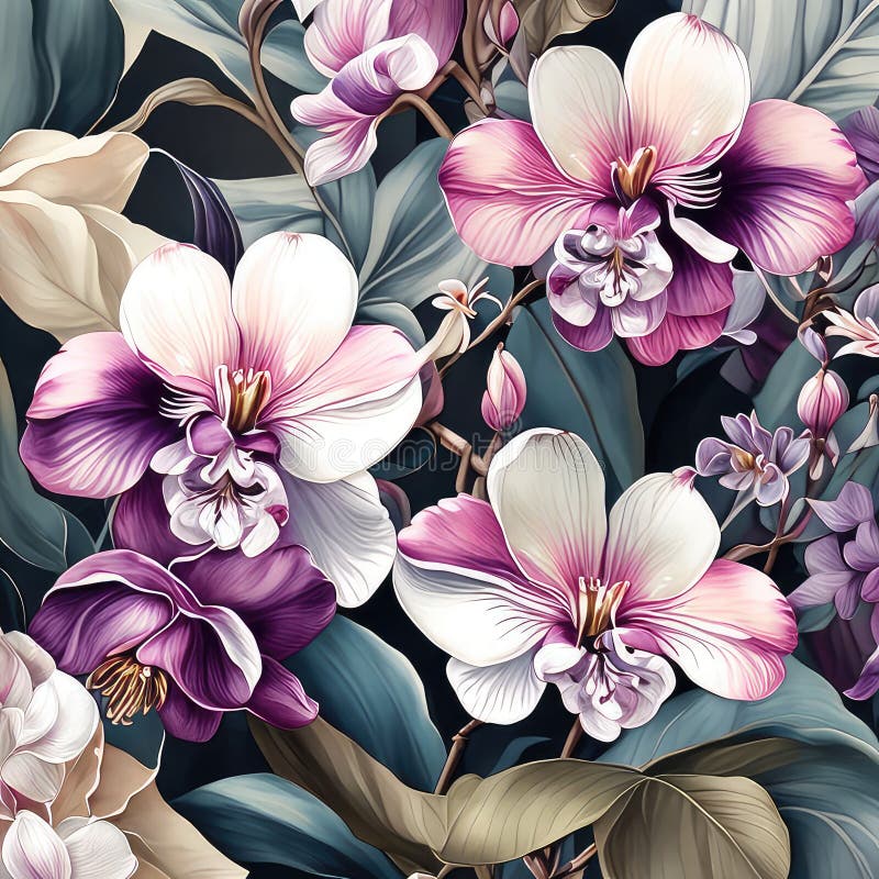 Seamless Floral Pattern With Orchids Hand Drawn Illustration