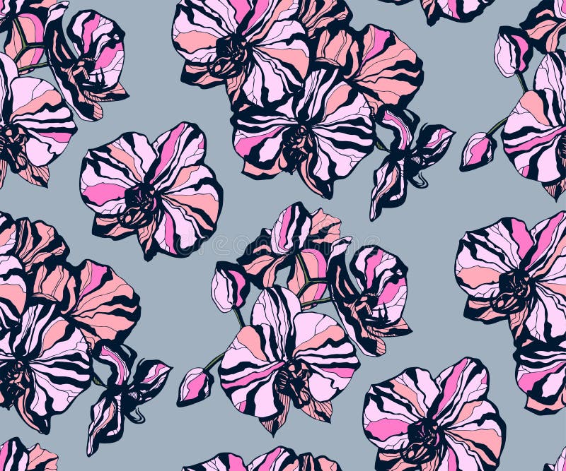 Seamless Floral Pattern with Orchids and Ornamental Hand Drawing ...