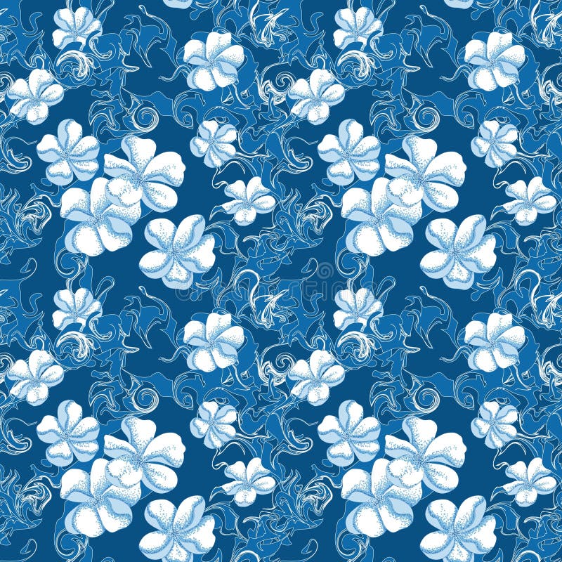 Seamless Floral Pattern Ornament on Dark Blue Background, Hand-drawn ...