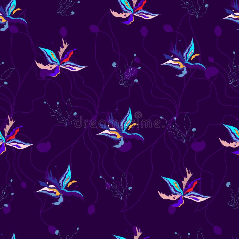 Seamless Floral Pattern. Outline Colors on a Dark Background for Fabric ...