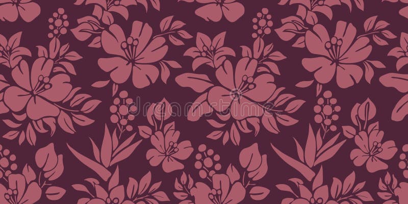 Seamless Floral Pattern with Pink Hibiscus on Maroon Background Stock ...
