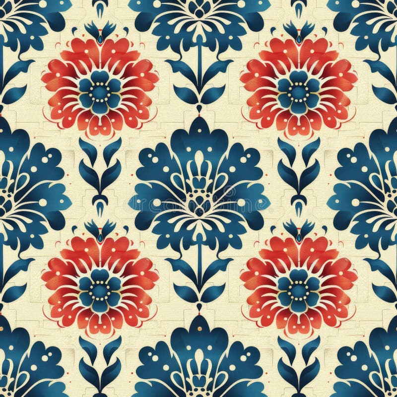 Seamless Floral Pattern in Red Blue and Cream Stock Illustration ...