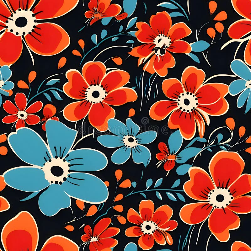 Seamless Floral Pattern with Red and Blue Flowers on Black Background ...