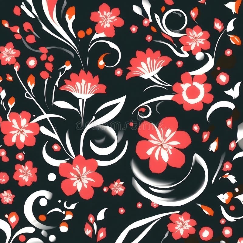 Seamless Floral Pattern with Red Flowers on a Black Background, Stock ...
