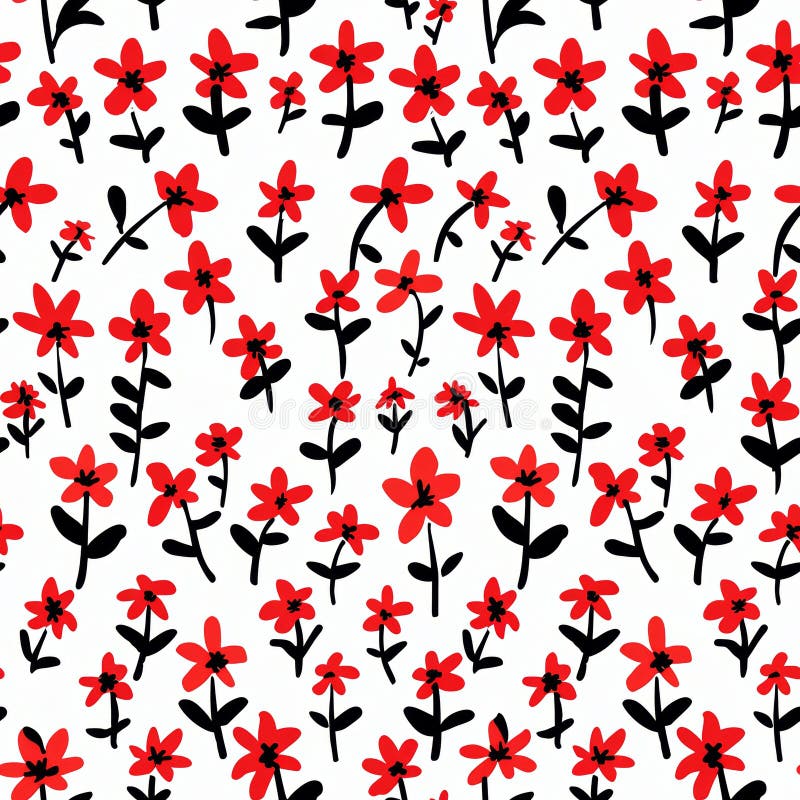 Seamless Floral Pattern with Red Flowers and Black Stems on White ...