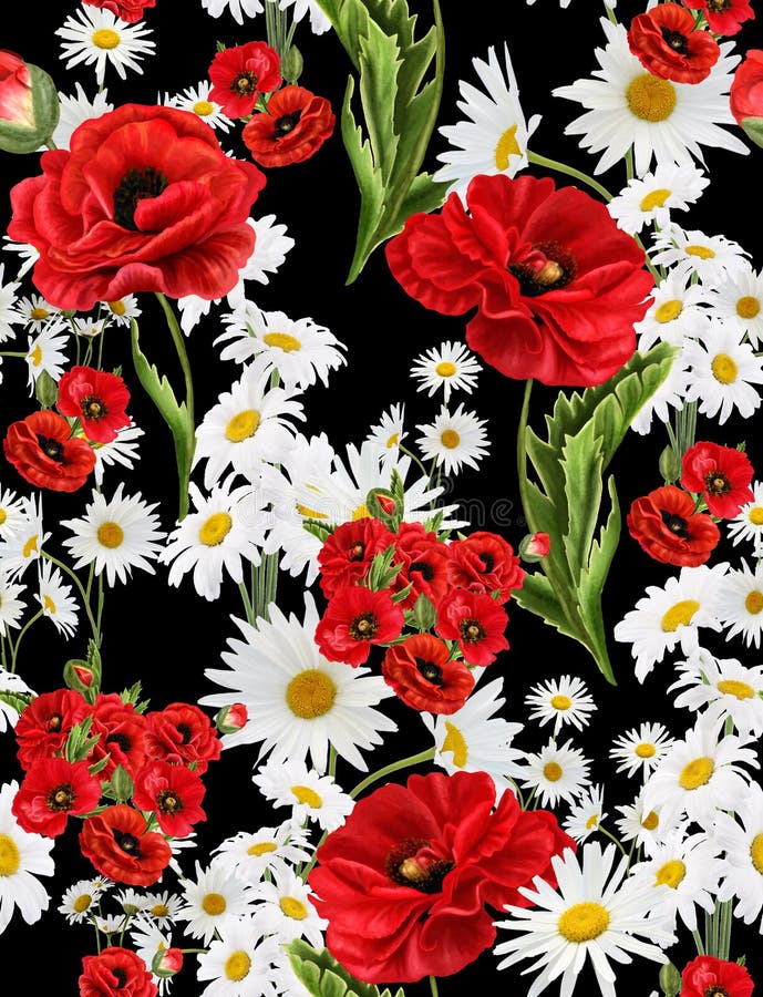 Seamless Floral Pattern with Red Flowers and White Daisy on Black ...