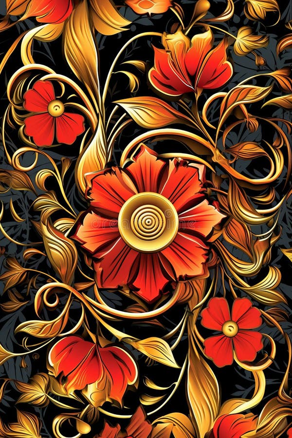 Seamless Floral Pattern with Red and Gold Flowers on a Black Background ...