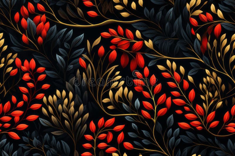 Seamless Floral Pattern with Red and Gold Leaves on Black Background ...