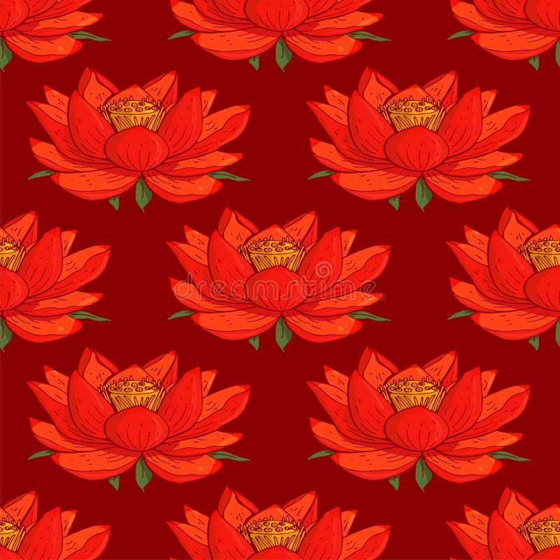 Seamless Floral Pattern with Red Lotus Flower Stock Illustration ...