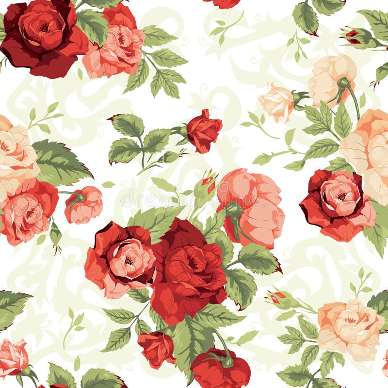 Seamless Floral Pattern with Red Roses on White Background Stock Vector ...