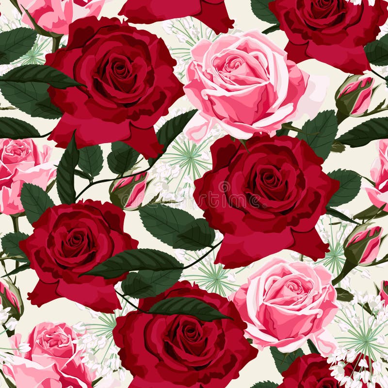 Seamless Pattern With Red And Pink Roses On White. Stock Vector ...