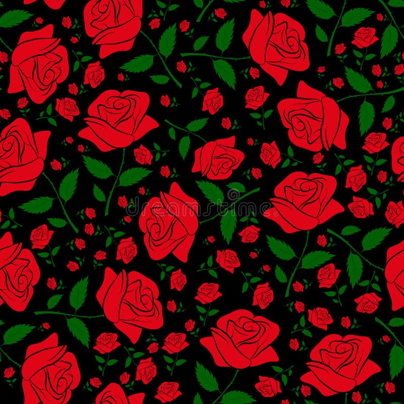 Seamless Floral Pattern with Red Roses on a Black Background Stock ...