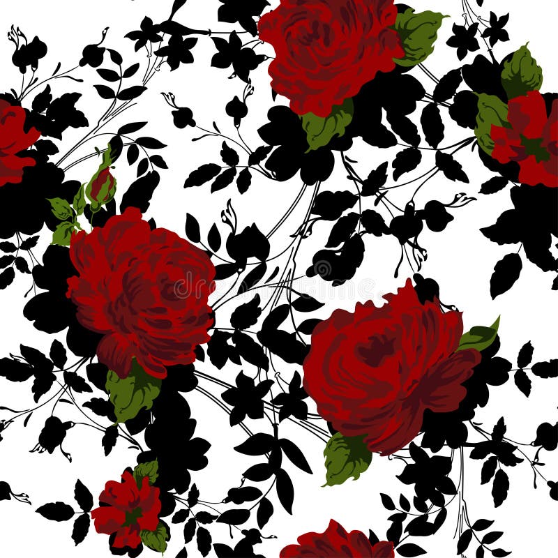 Seamless Floral Pattern with Red and Pink Roses on Black Background ...