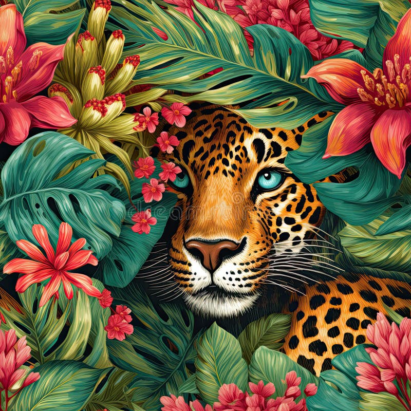 Seamless Floral Pattern with Red Tropical Flowers and Leopard Print ...