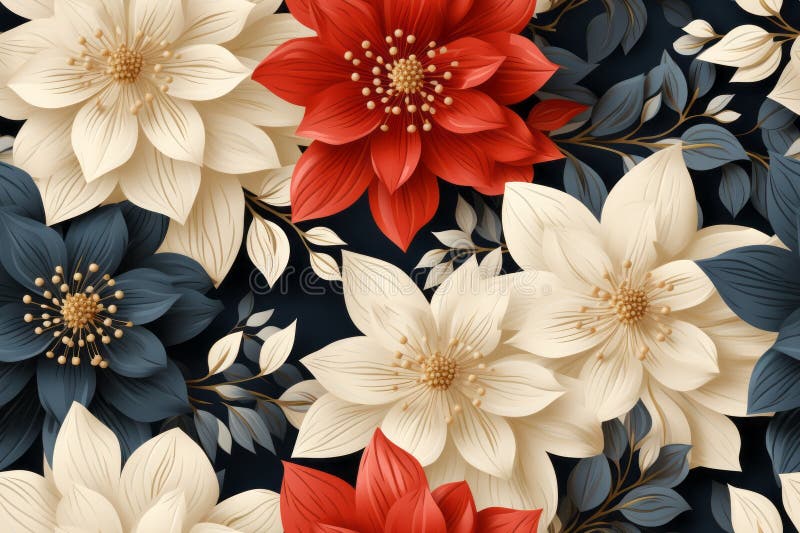 Seamless Floral Pattern with Red White and Blue Flowers Stock ...