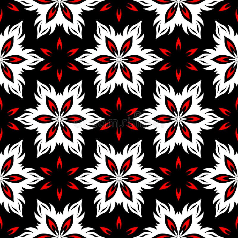 Seamless Floral Pattern. Red and White Elements on Black Background ...