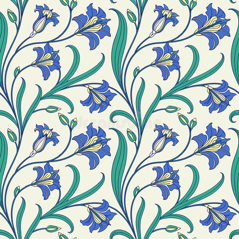 Seamless Floral Pattern with Repeating Blue Morning Glory Flowers and ...