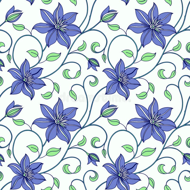 Seamless Floral Pattern with Repeating Blue Morning Glory Flowers and ...