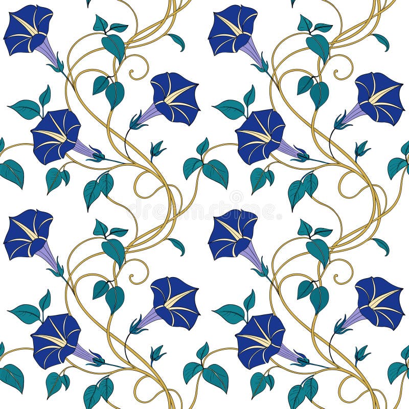 Seamless Floral Pattern with Repeating Blue Morning Glory Flowers and ...